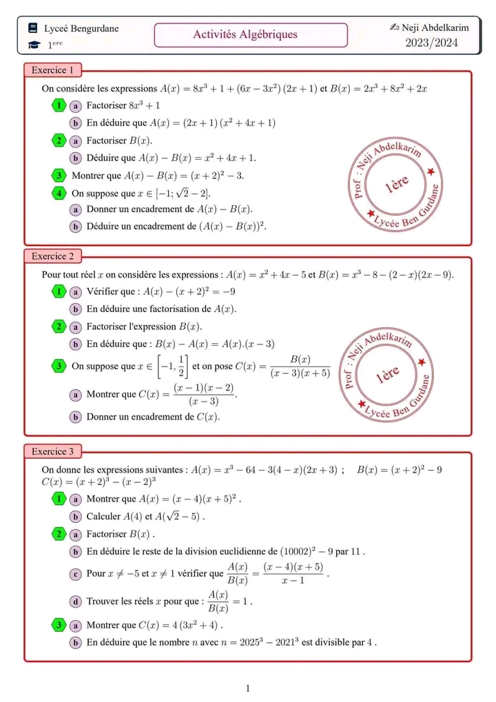1ère année secondaire Math Activités aogébriques