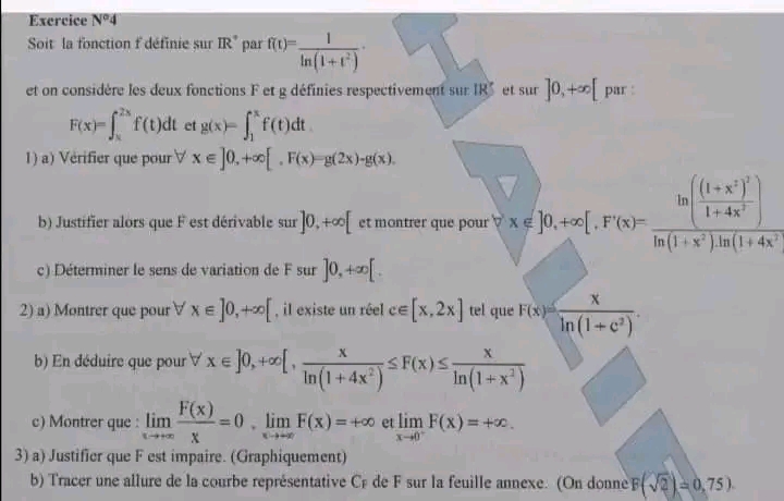 Bac math Math Ex. Corrigé bac. Math. ln+integrale+acc. Finis. 🆗💪