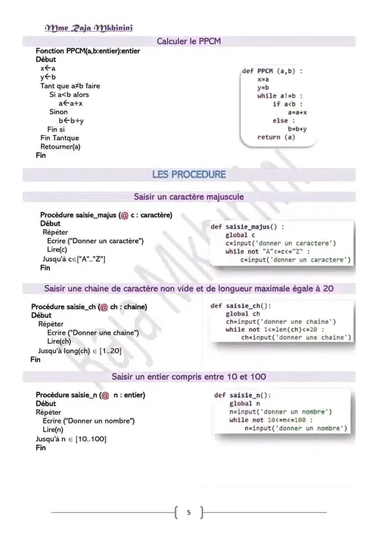 Bac Sc de l'informatique Algorithme et programmation Les sous programmes ( Algorithme et Python).