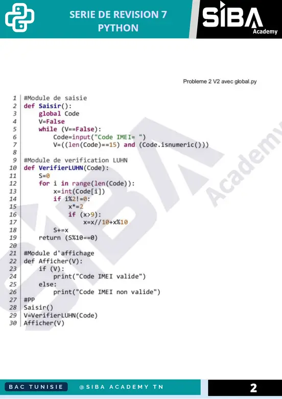 Bac Technique Informatique Série 7 version PYTHON avec correction.
