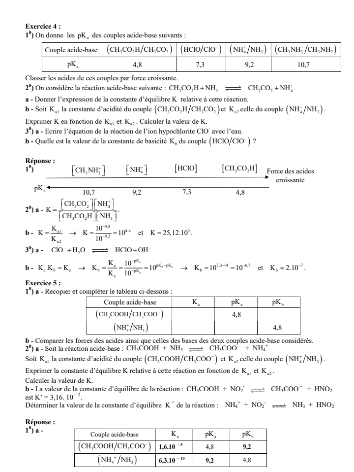 Bac math Physique Exercices corrigés - LES SOLUTIONS AQUEUSES D’ACIDES ET DE BASES - bac Math