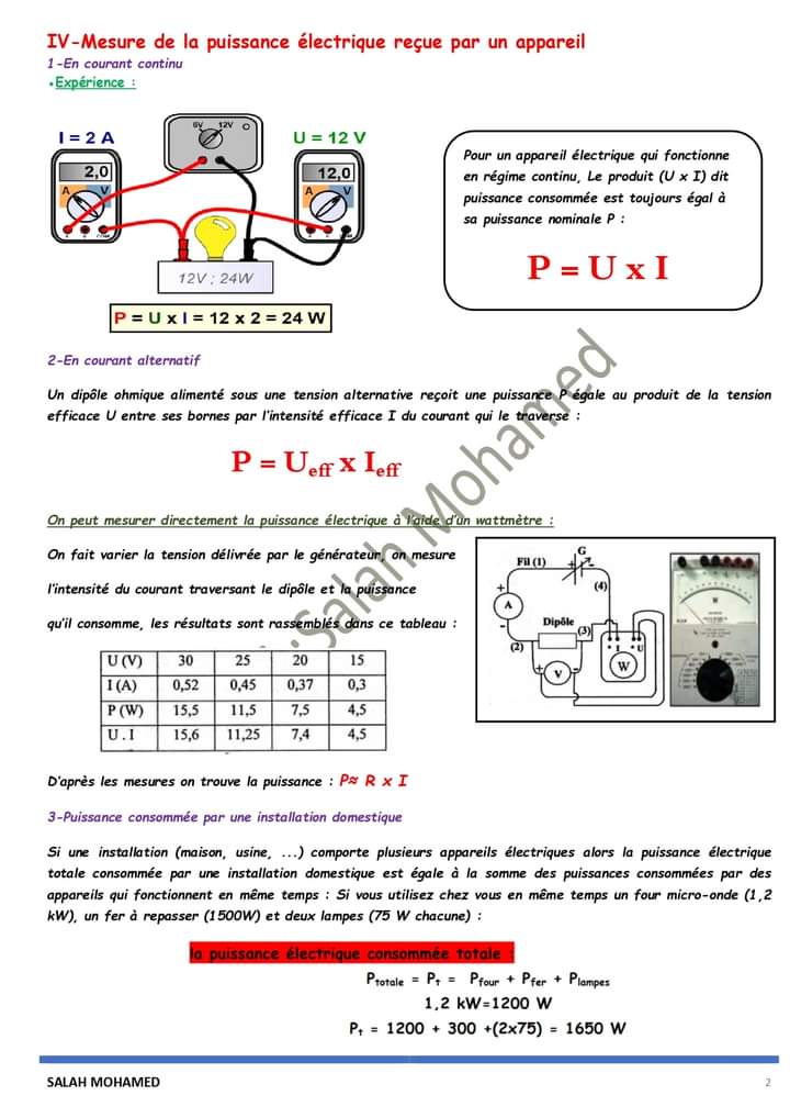 2 ème Sciences Physique-Puissance et energie electrique