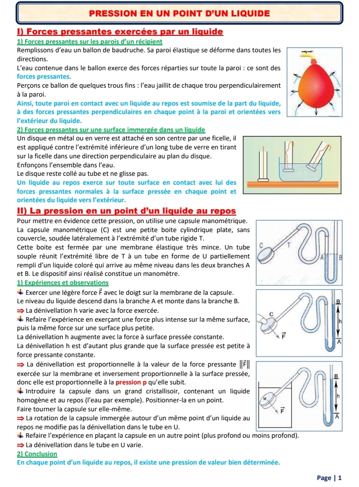 2 ème Sciences Physique-Pression en un point d'un liquide