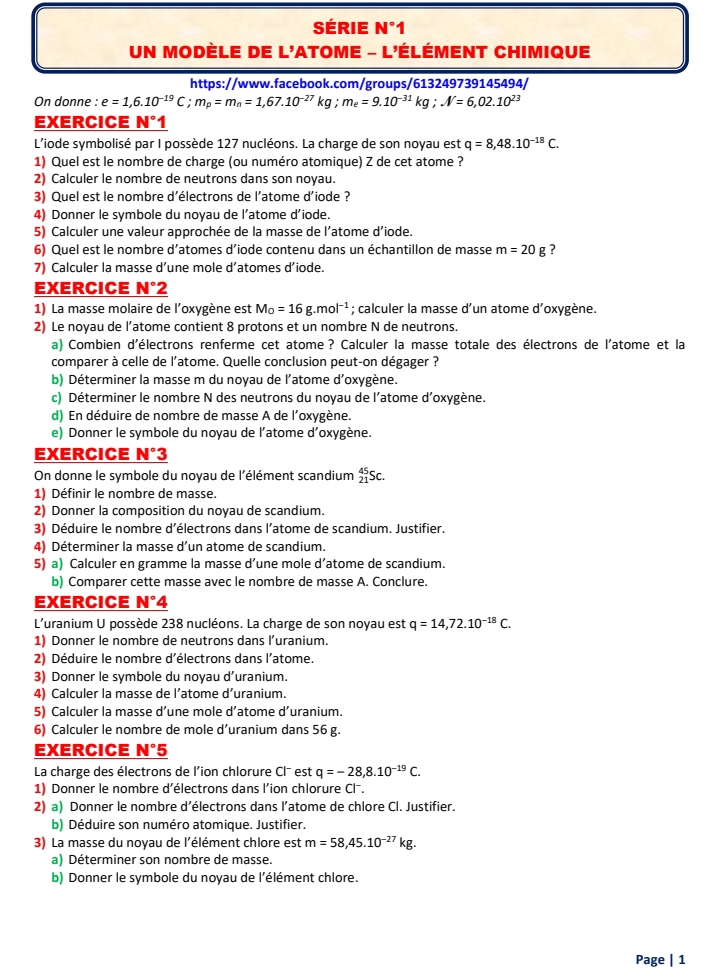 2 ème Sciences Physique Série Un Modèle de L'atome - L'élément Chimique ...
