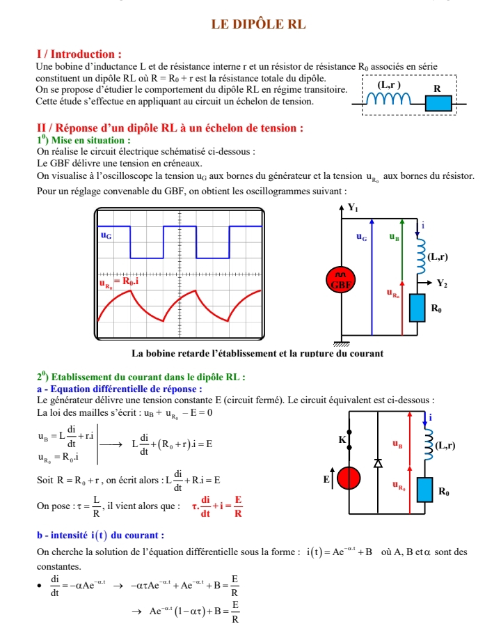 Bac math Physique Cours Le dipôle RL