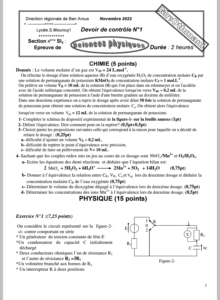 Bac Sc de l'informatique Physique Devoir contrôle 1 - Bac Sc Informatique