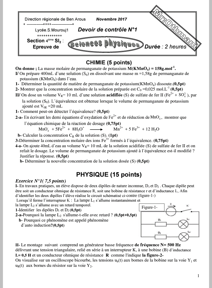 Bac Sc de l'informatique Physique-Devoirs de contrôle Physique trimestre 1