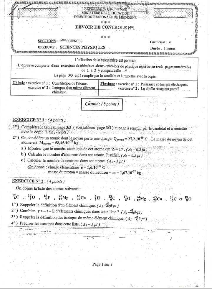 2 ème Sciences Physique Devoir contrôle 1 - 2 ème science