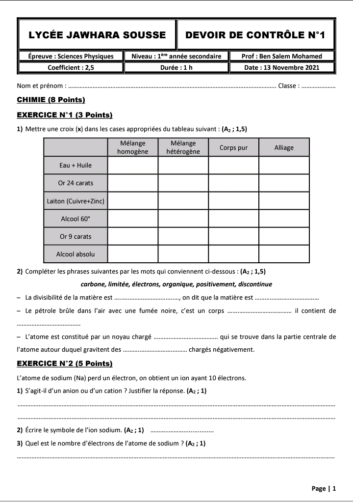 1ère année secondaire Physique Devoir de contrôle 1 - 1 année Secondaire