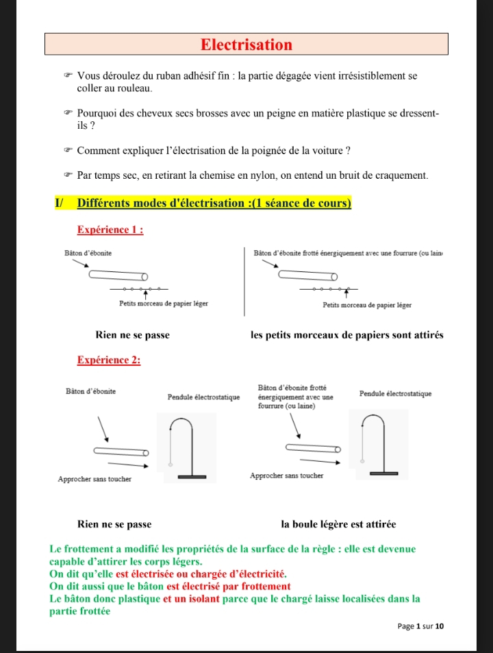1ère année secondaire Physique Cours Phénomène d'électrisation - 1 ere ...