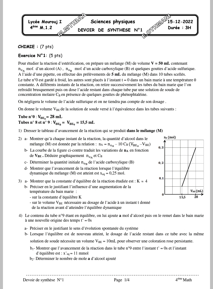 Bac math Physique Devoir de Synthèse 1 - Bac Math avec correction
