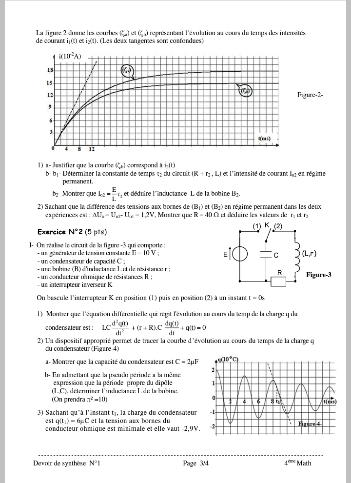 Bac math Physique Devoir de Synthèse 1 - Bac Math avec correction