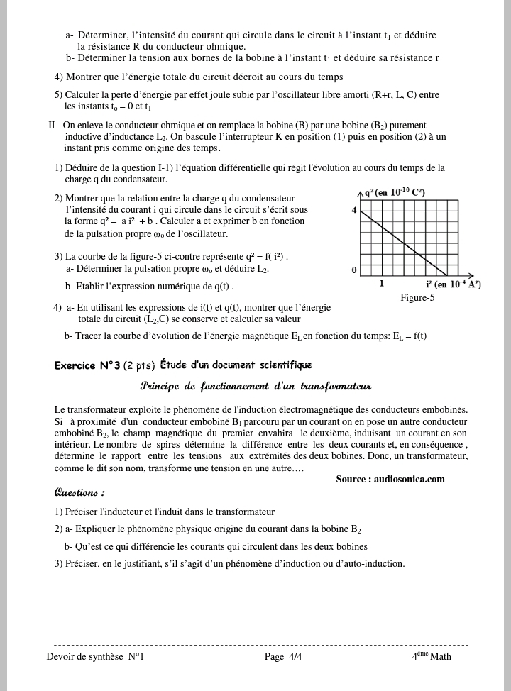 Bac math Physique Devoir de Synthèse 1 - Bac Math avec correction