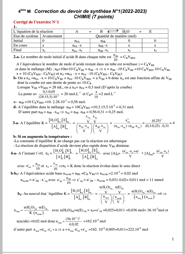 Bac math Physique Devoir de Synthèse 1 - Bac Math avec correction