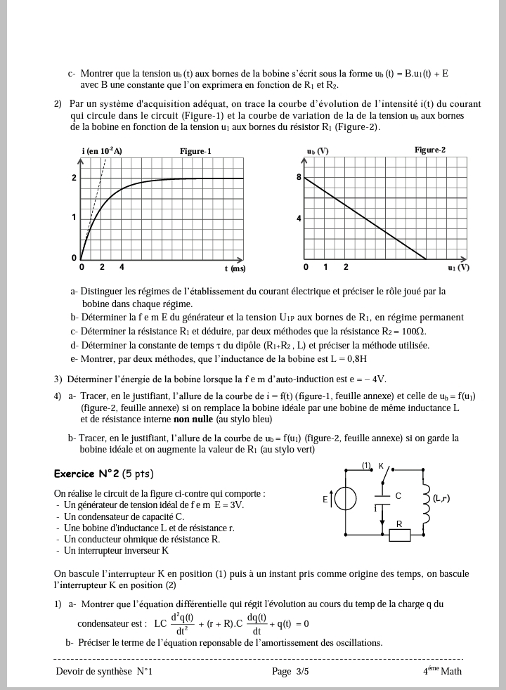 Bac math Physique Devoir de Synthèse 1 - bac math