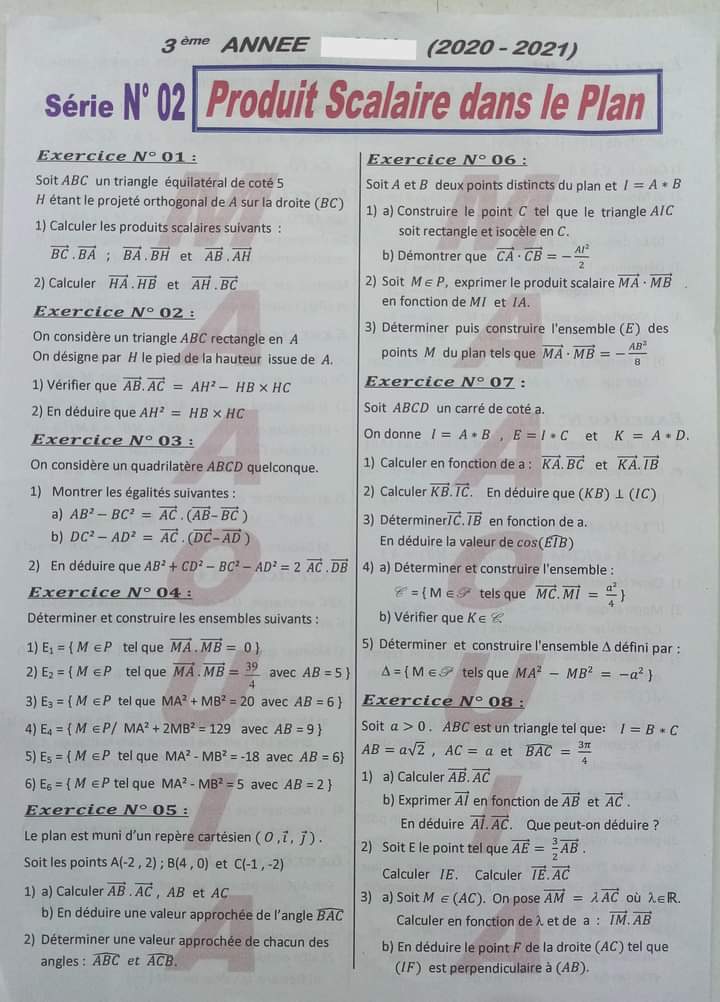 3 ème Mathématiques Math-PRODUIT SCALAIRE DANS LE PLAN