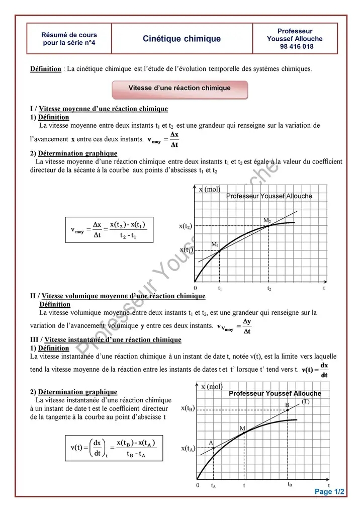 Bac Sc expérimentales Physique Cinétique chimique 4ème math et sc.exp ...