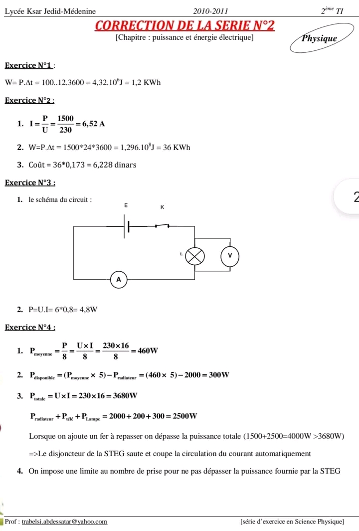 2 ème Sciences Physique Série n 2 sciences physiques corrigée . 2emme sc
