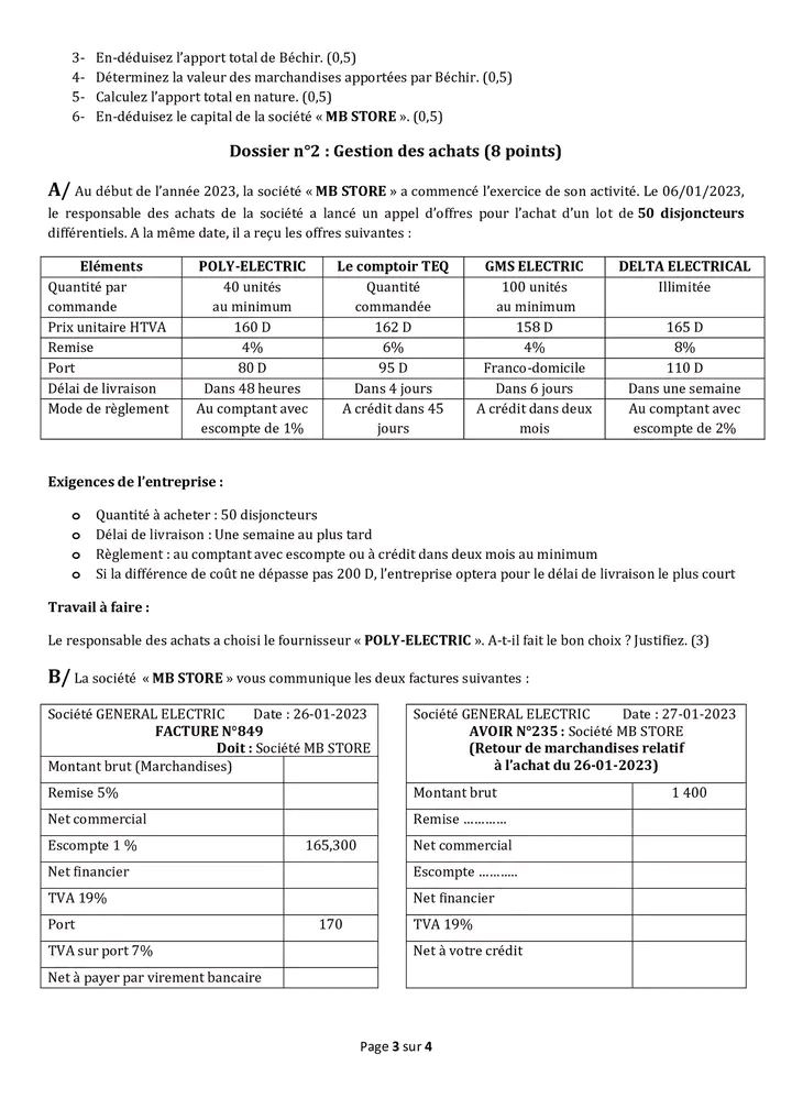 3 ème économie et gestion Gestion-Devoirs de contrôle Gestion trimestre 1