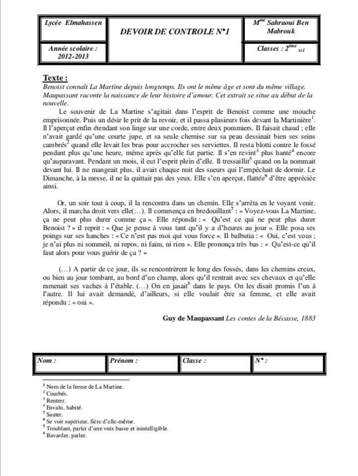 2 ème Sciences Français devoir de contrôle 1 français