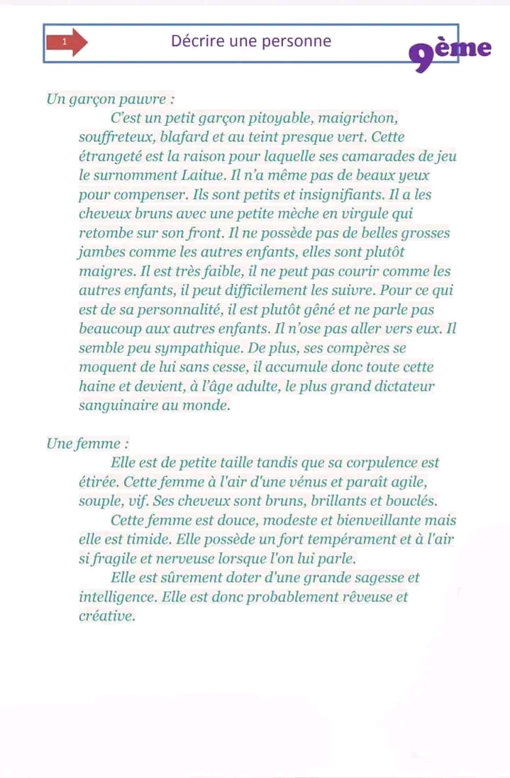 9 ème-التاسعة أساسي Français Productions écrites : La description d'une ...
