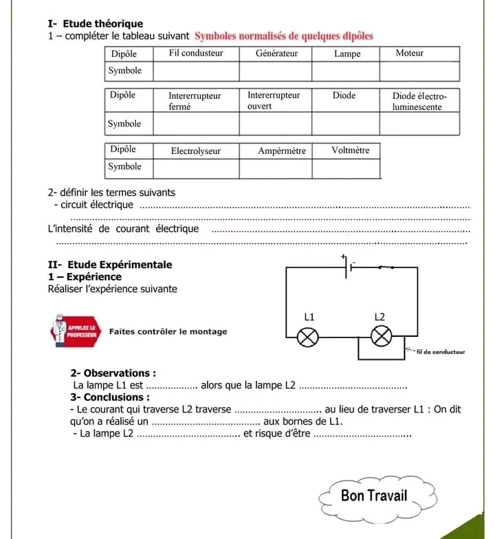 1ère année secondaire Physique Examen TP physique chimie pour 1 ère année