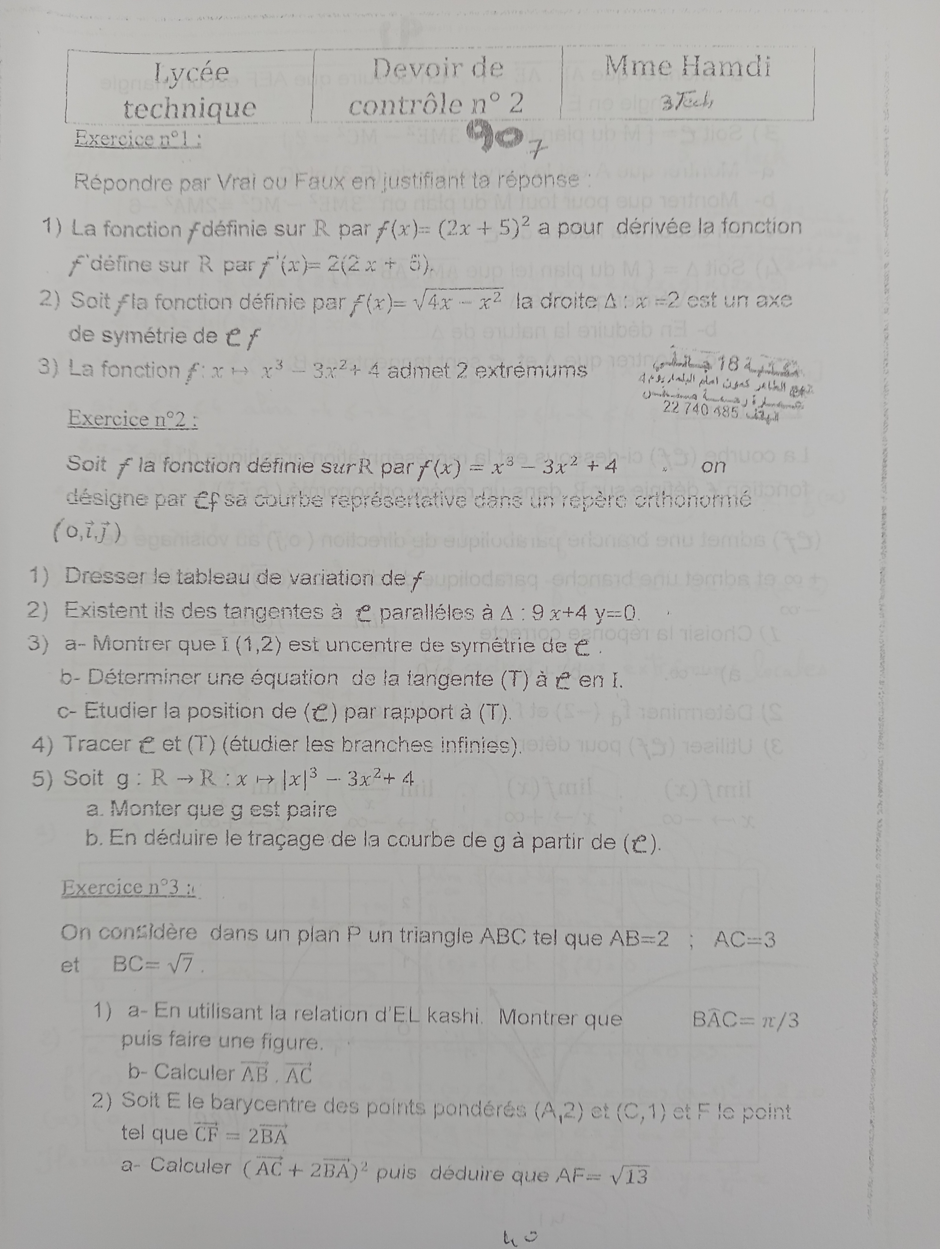3 ème Sc Techniques Math Devoir de contrôle n' 2 3ème technique (mathématiques)