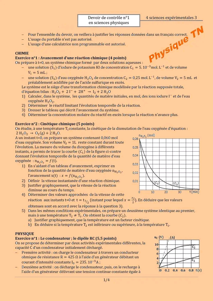 Bac Sc expérimentales Physique devoir de contrôle N°1 physique corrigé ...