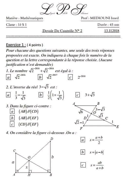 1ère année secondaire Math devoir de controle n°2 avec une correction possible niveau:1ere année