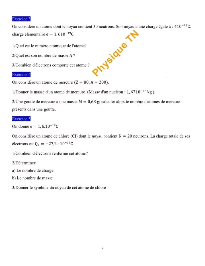 2 ème Sciences Physique Série Modèle de l'atome corrigé 2ème science