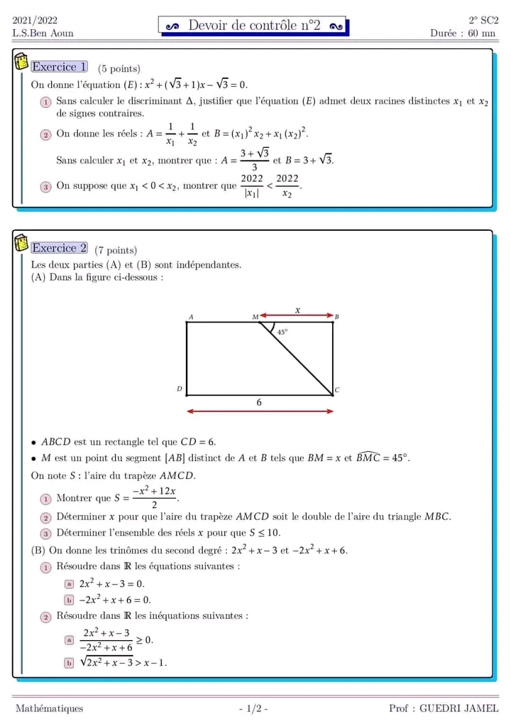 2 ème Sciences Math-Devoirs de contrôle Math trimestre 1