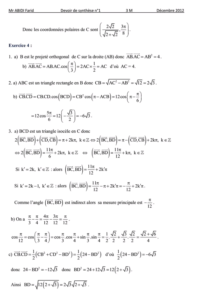 3 ème Mathématiques Math 3éme année maths : devoir synthèse corrigé.