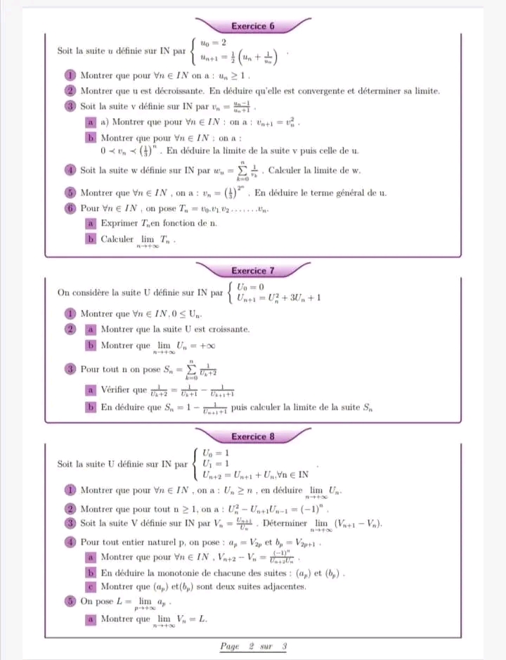 Bac math Math Série d'exercices suites réelles Niveau bac. maths.