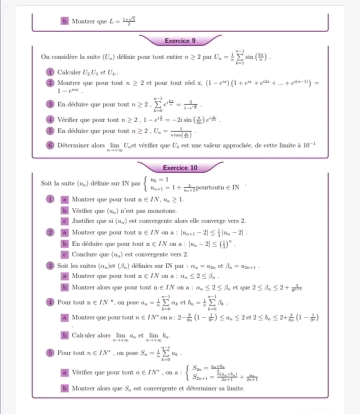 Bac math Math Série d'exercices suites réelles Niveau bac. maths.