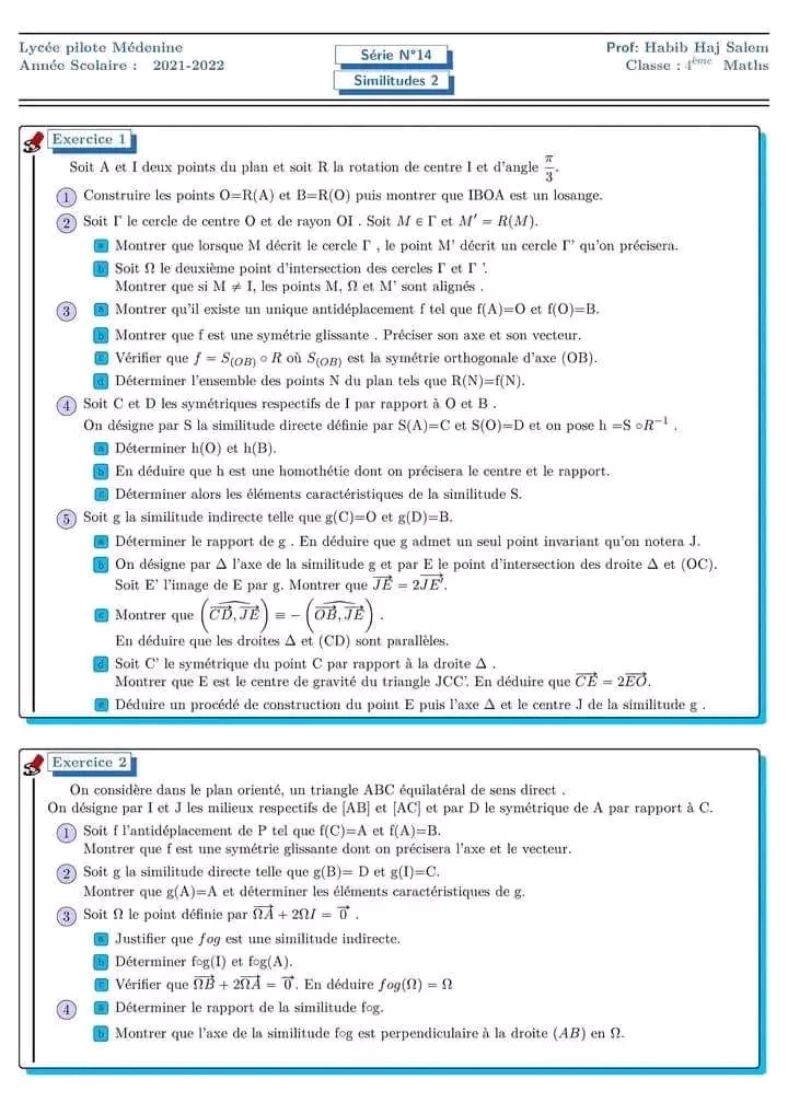 Bac math Math des exercices similitudes ,isometries 4 eme maths mr Habib Haj