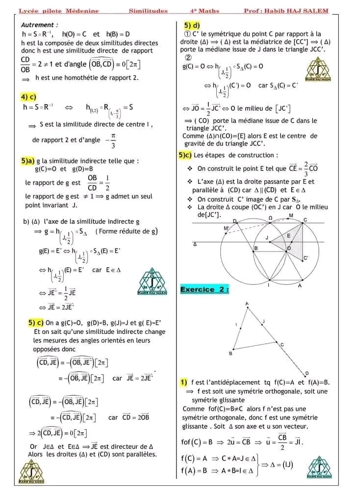 Bac math Math des exercices similitudes ,isometries 4 eme maths mr Habib Haj