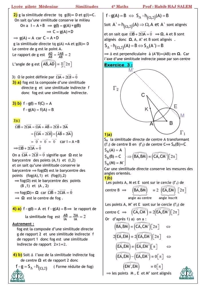 Bac math Math des exercices similitudes ,isometries 4 eme maths mr Habib Haj