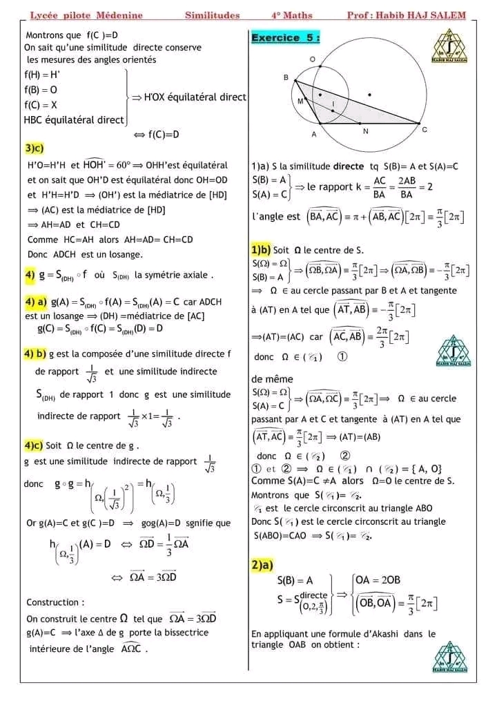 Bac math Math des exercices similitudes ,isometries 4 eme maths mr Habib Haj