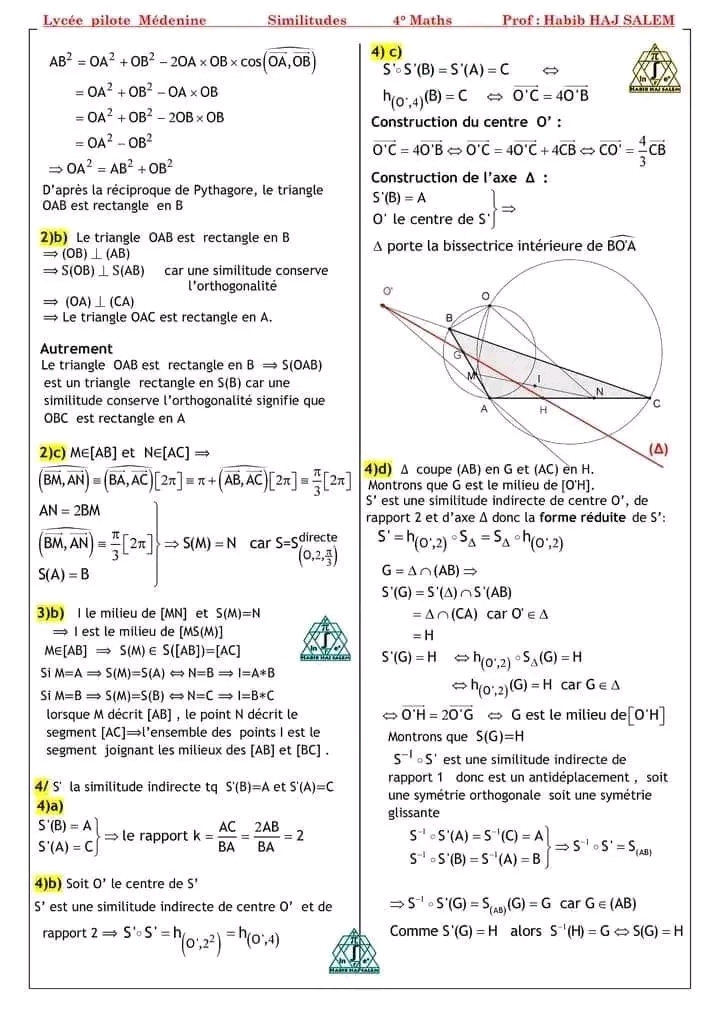Bac math Math des exercices similitudes ,isometries 4 eme maths mr Habib Haj