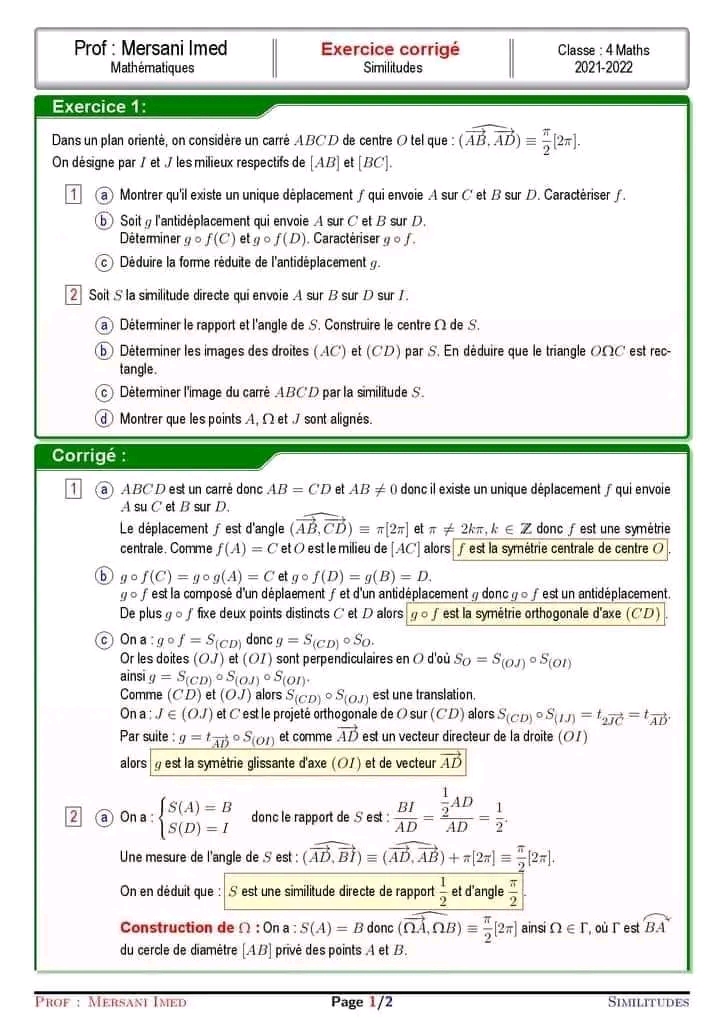 Bac math Math Exercice corrigé Déplacements - antidéplacements et ...