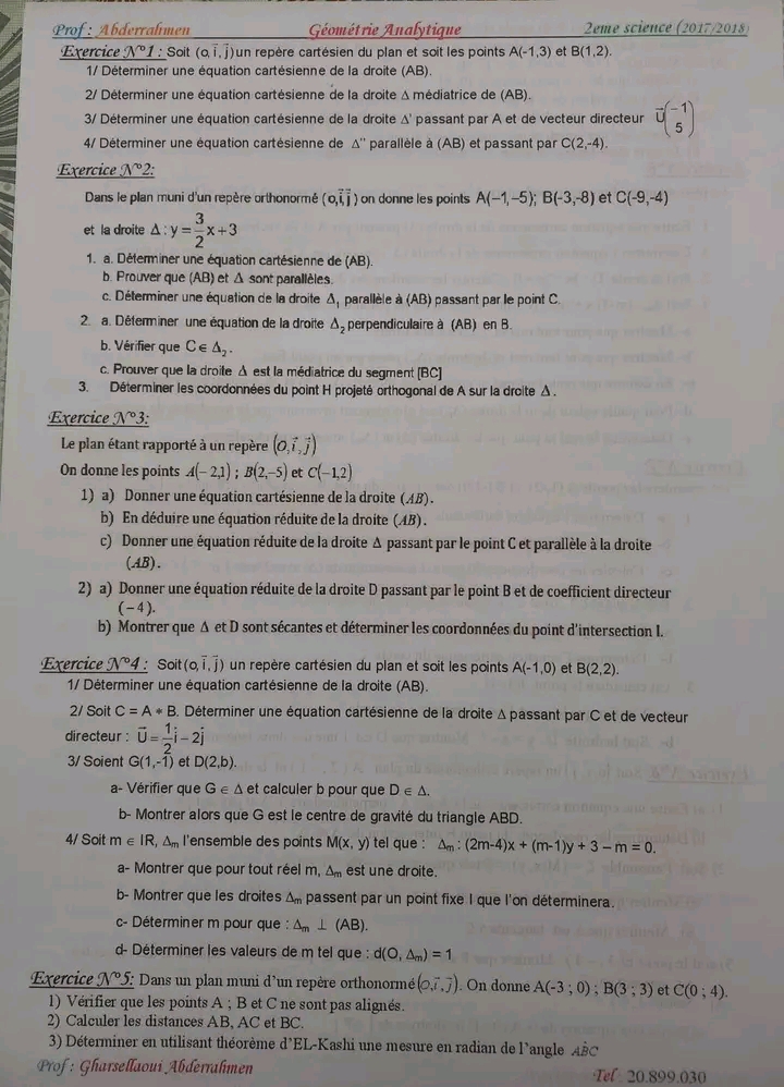 2 ème Sciences Math-GÉOMÉTRIE ANALYTIQUE