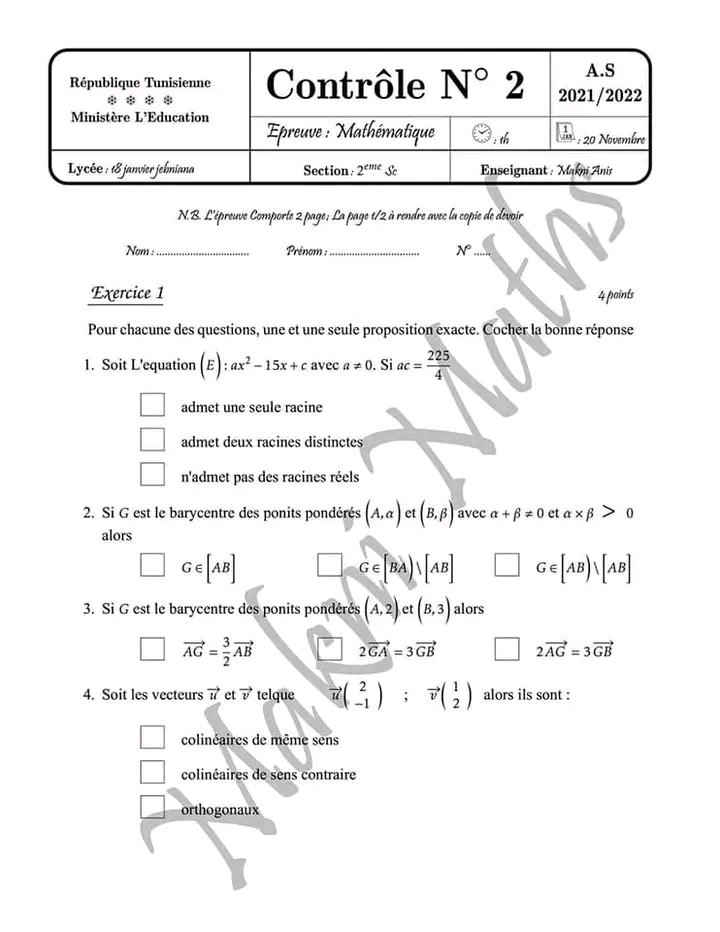 2 ème Sciences Math Devoir de contrôle 2 avec une correction proposée 2ème sciences M. Makni Anis