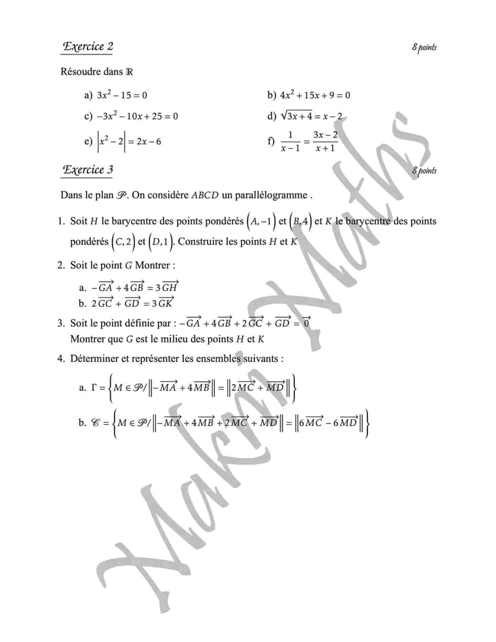 2 ème Sciences Math-Devoirs de contrôle Math trimestre 1