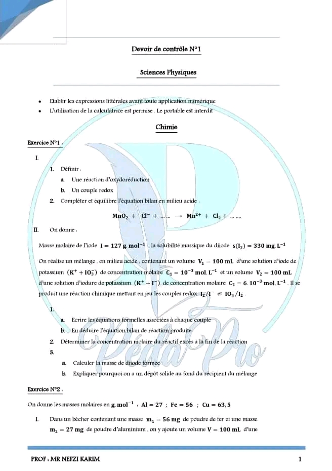3 ème Sc expérimentales Physique Devoir de Contrôle N1 en Sciences Physiques Pour les élèves de ...