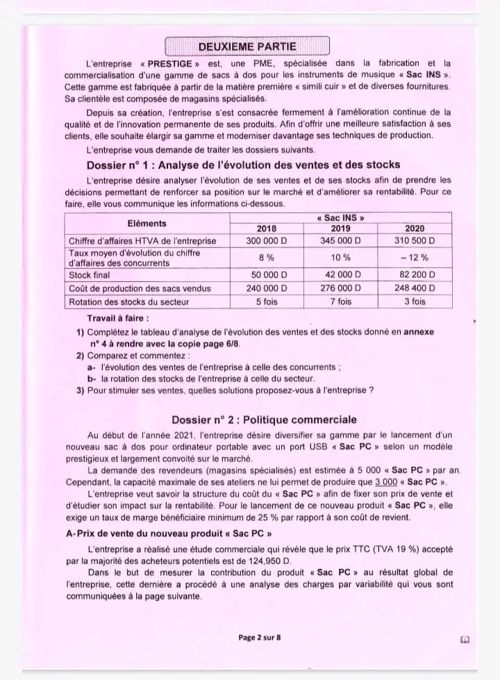 Bac Econmie et Gestion Gestion Session contrôle 2021 avec correction