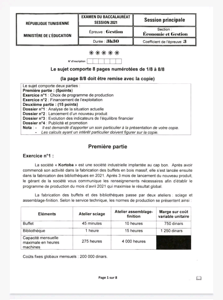 Bac Econmie et Gestion Gestion Session principale 2021 corrigée