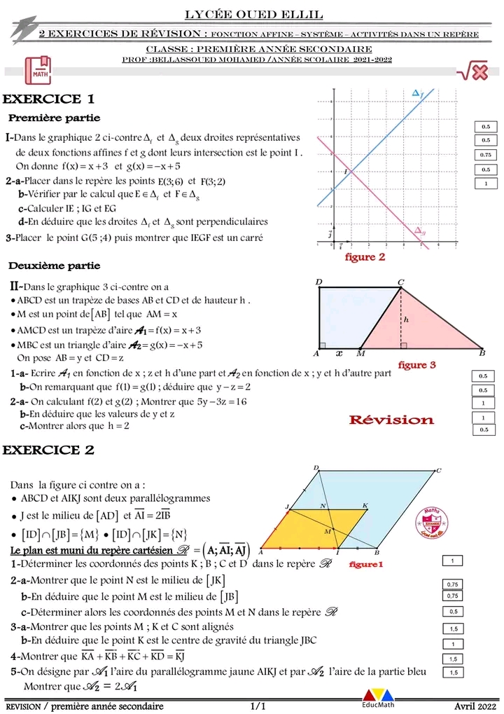 1ère année secondaire Math 1ÈRE A.S : SYSTÈMES- ACTIVITÉS DANS UN REPÈRE