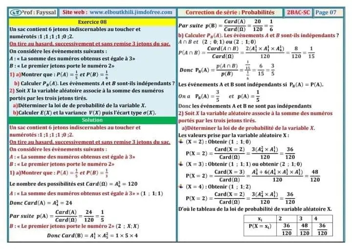 3 ème Sc expérimentales Math Probabilité 3 éme année Exercices corrigés