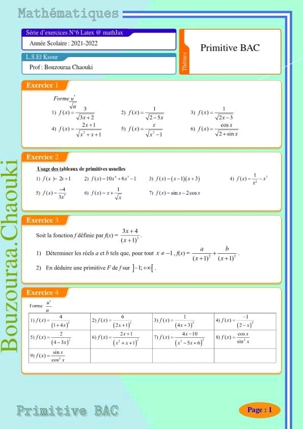 Bac math Math Primitives exercices corriges