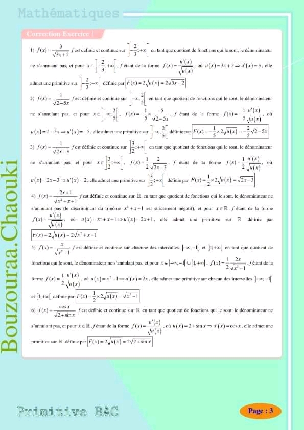 Bac math Math Primitives exercices corriges